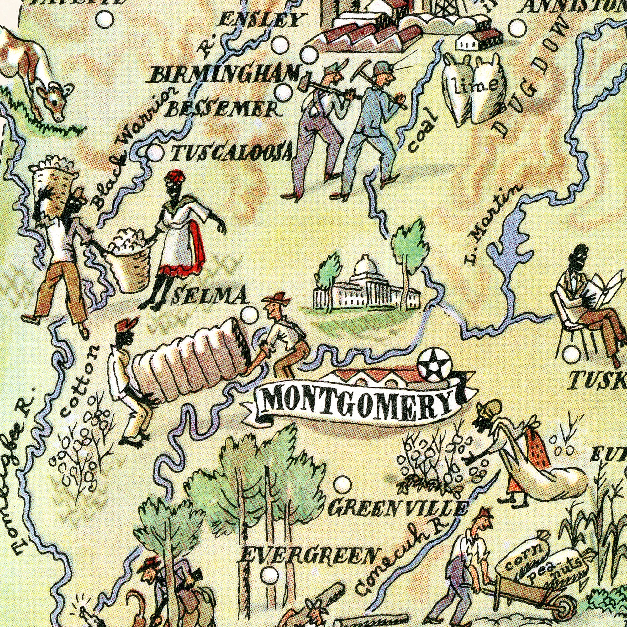 Fun State Map of Alabama – Digital Download PRINTABLE Vintage Pictorial ...