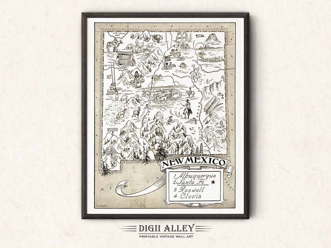Pictorial State Map of New Mexico – Digital Download PRINTABLE Vintage ...