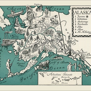 Fun Map of Alaska – Digital Download PRINTABLE Vintage Pictorial Wall ...