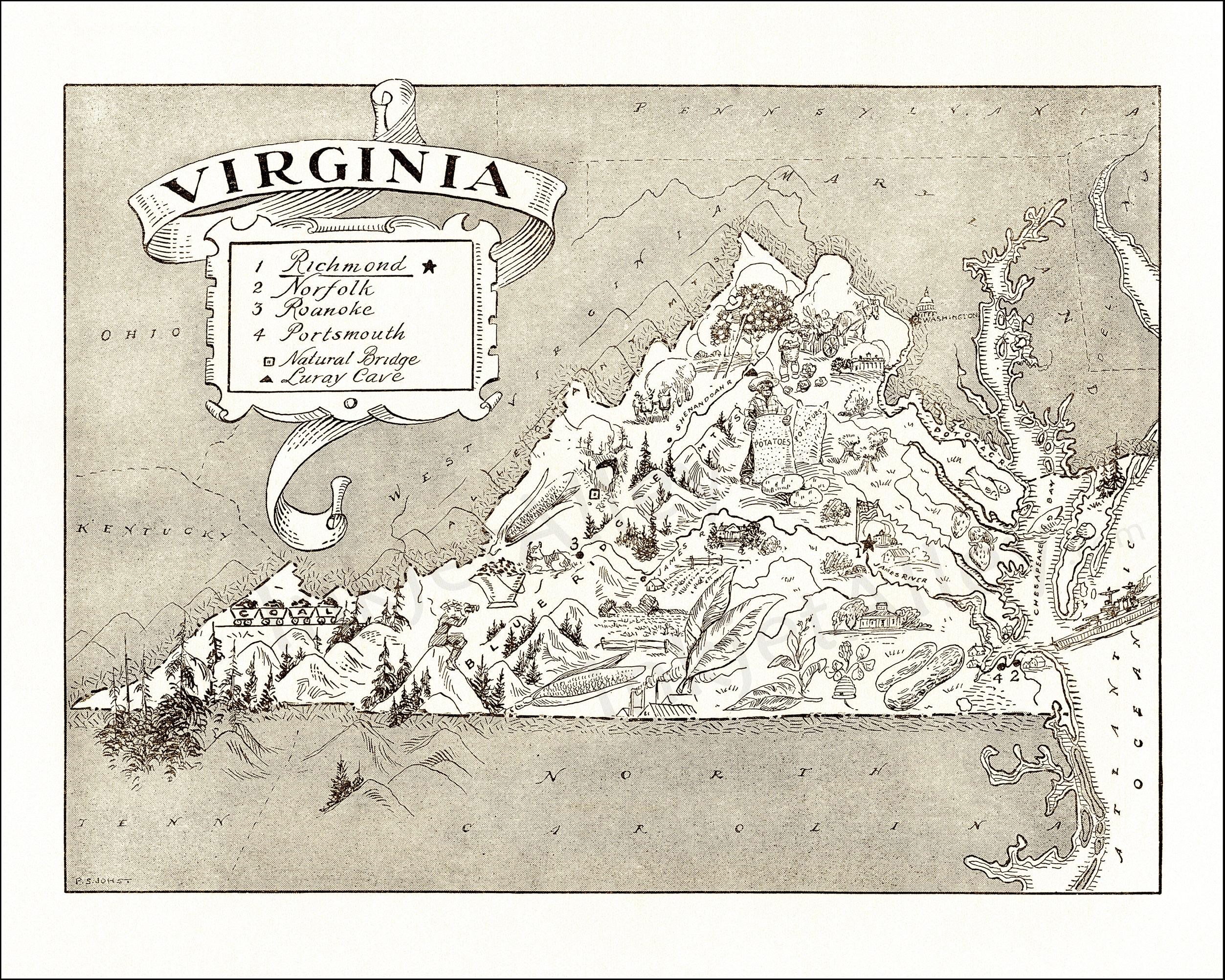 Pictorial State Map of Virginia – Digital Download PRINTABLE Vintage ...
