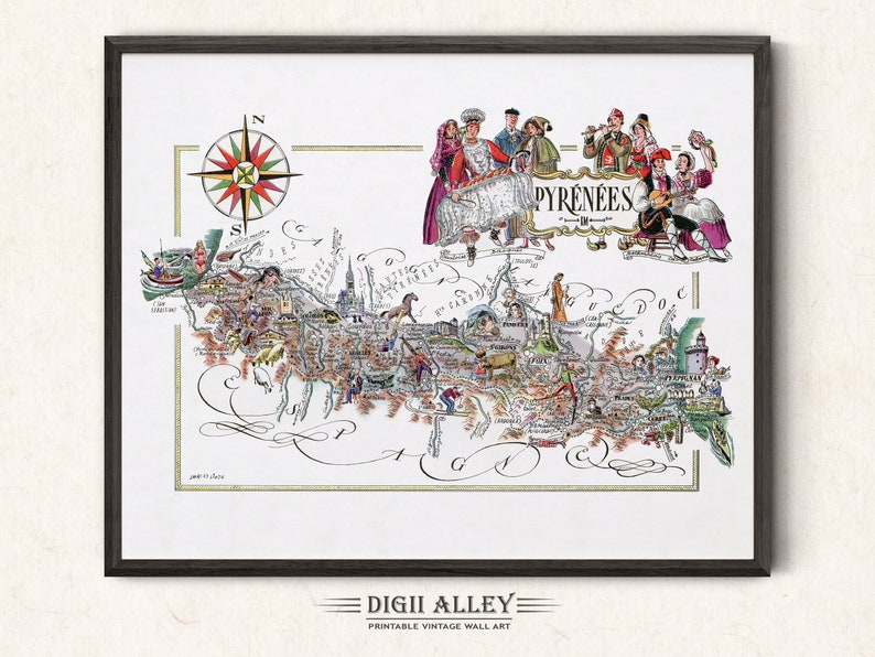 Fun Map of Pyrenees a French Province, France – Digital Download ...
