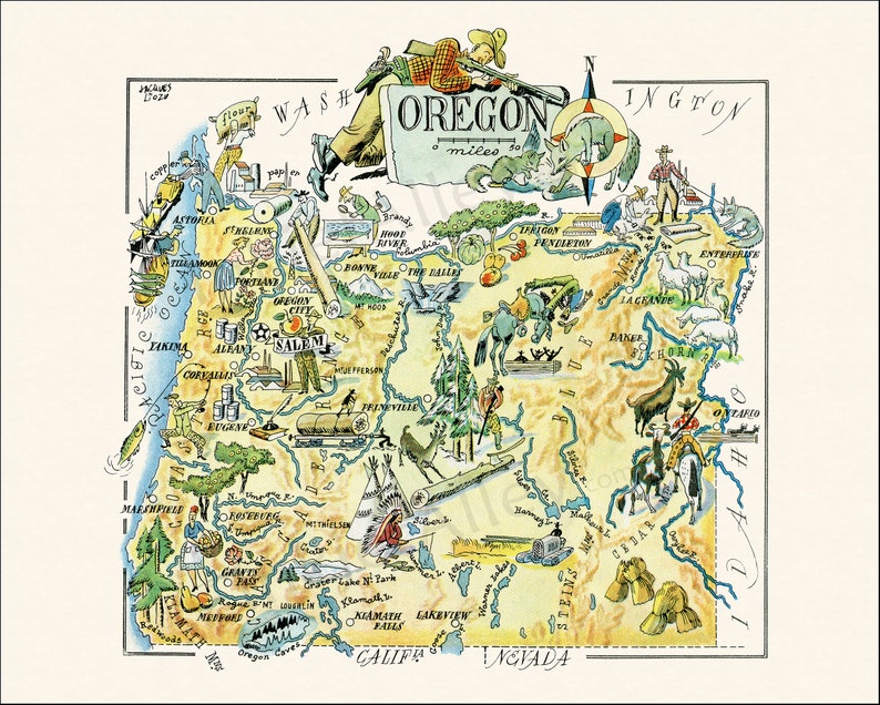 Fun State Map of Oregon – Digital Download PRINTABLE Vintage Pictorial ...