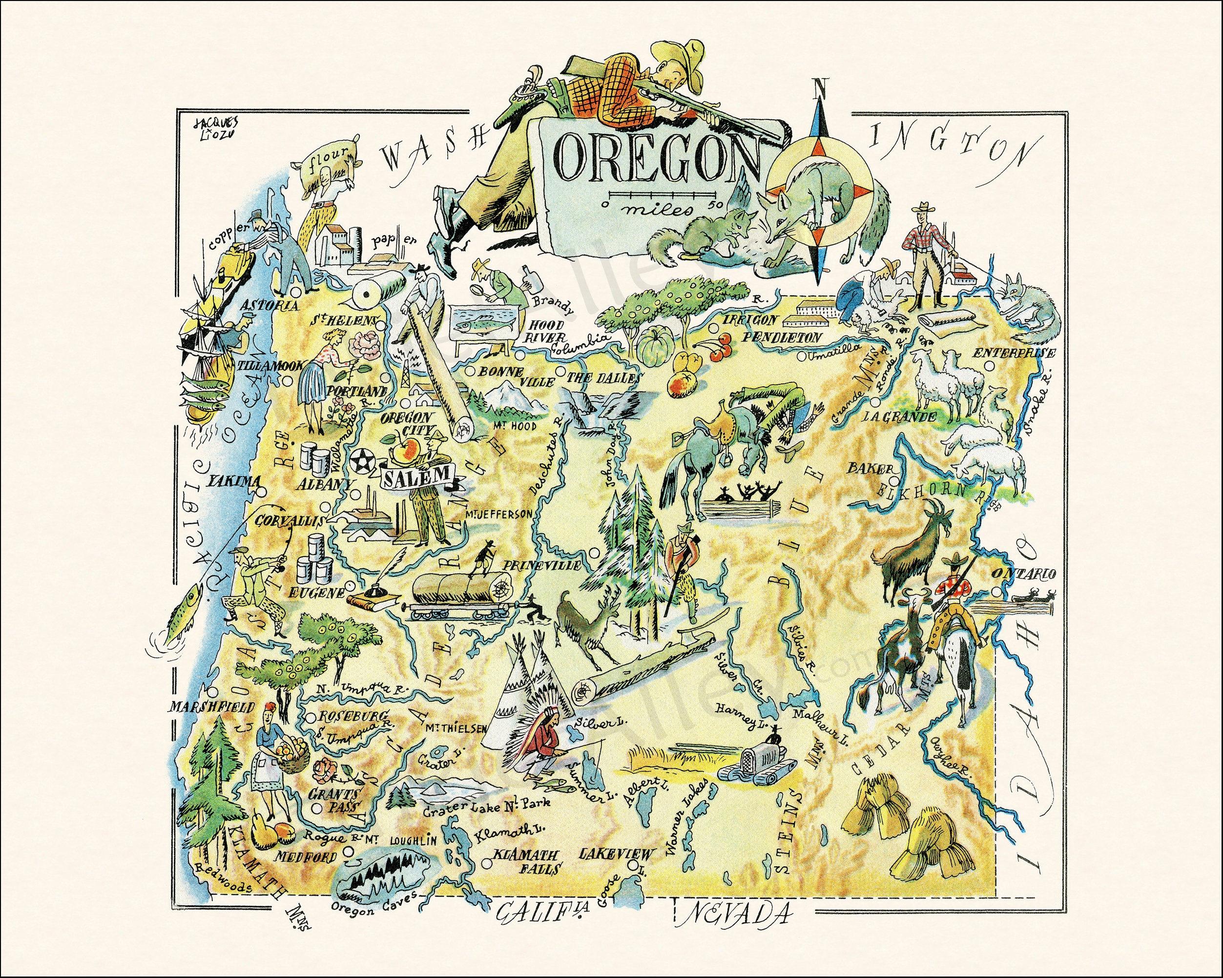 Fun State Map of Oregon – Digital Download PRINTABLE Vintage Pictorial ...