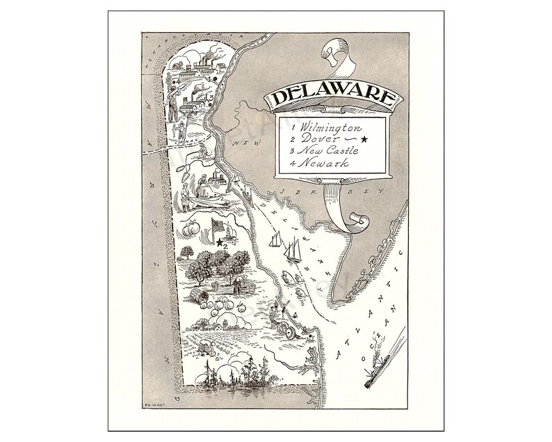 Pictorial State Map of Delaware – Digital Download PRINTABLE Vintage ...