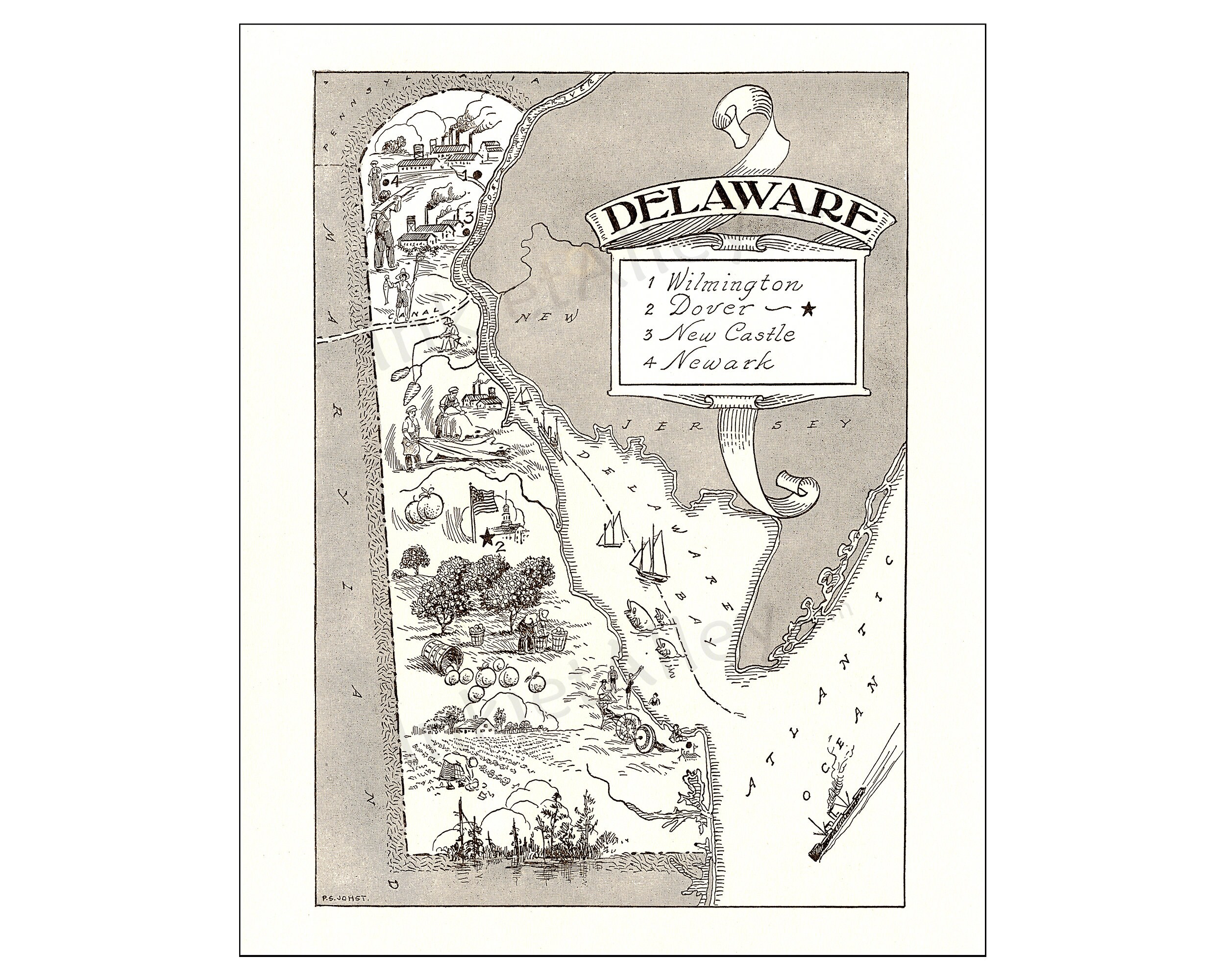 Pictorial State Map of Delaware – Digital Download PRINTABLE Vintage ...
