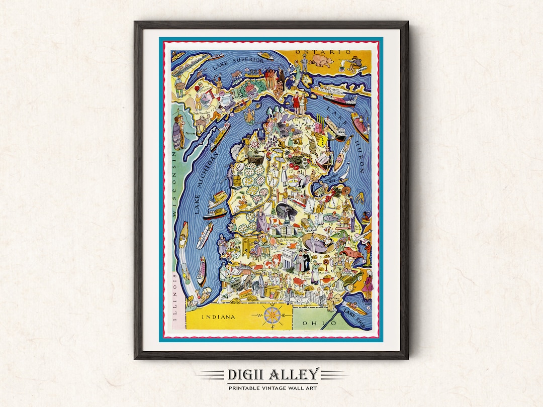 Fun State Map of Michigan – Digital Download PRINTABLE Vintage ...
