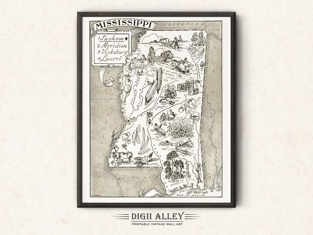 Pictorial State Map of Mississippi – Digital Download PRINTABLE Vintage ...
