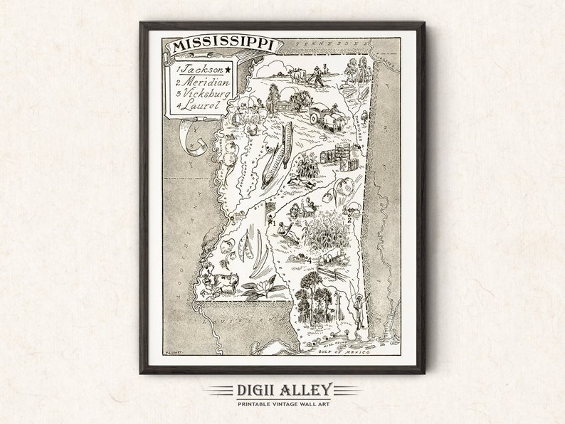 Pictorial State Map of Mississippi – Digital Download PRINTABLE Vintage ...