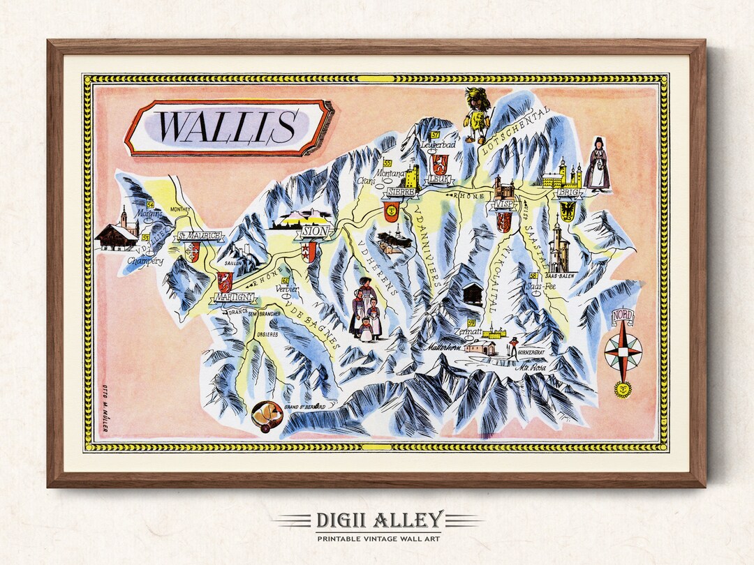 Fun Ski Trail Map of Wallis in Switzerland – Digital Download PRINTABLE ...