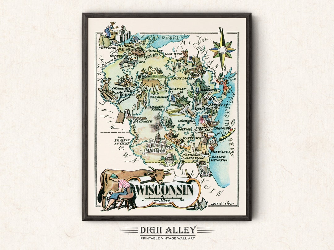 Fun State Map of Wisconsin – Digital Download PRINTABLE Vintage ...