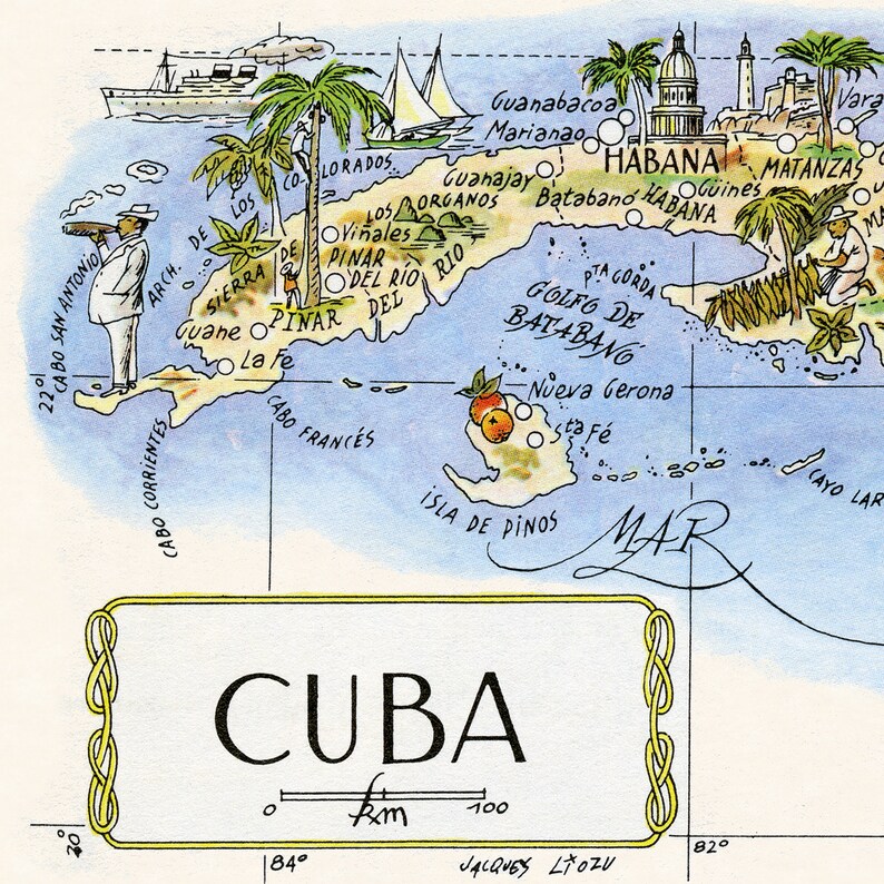 Fun Map of Cuba in the Caribbean – Digital Download PRINTABLE Vintage ...