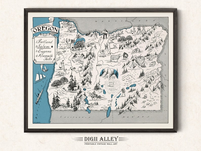 Pictorial Map of Oregon Digital Download PRINTABLE Vintage Fun Old Wall ...
