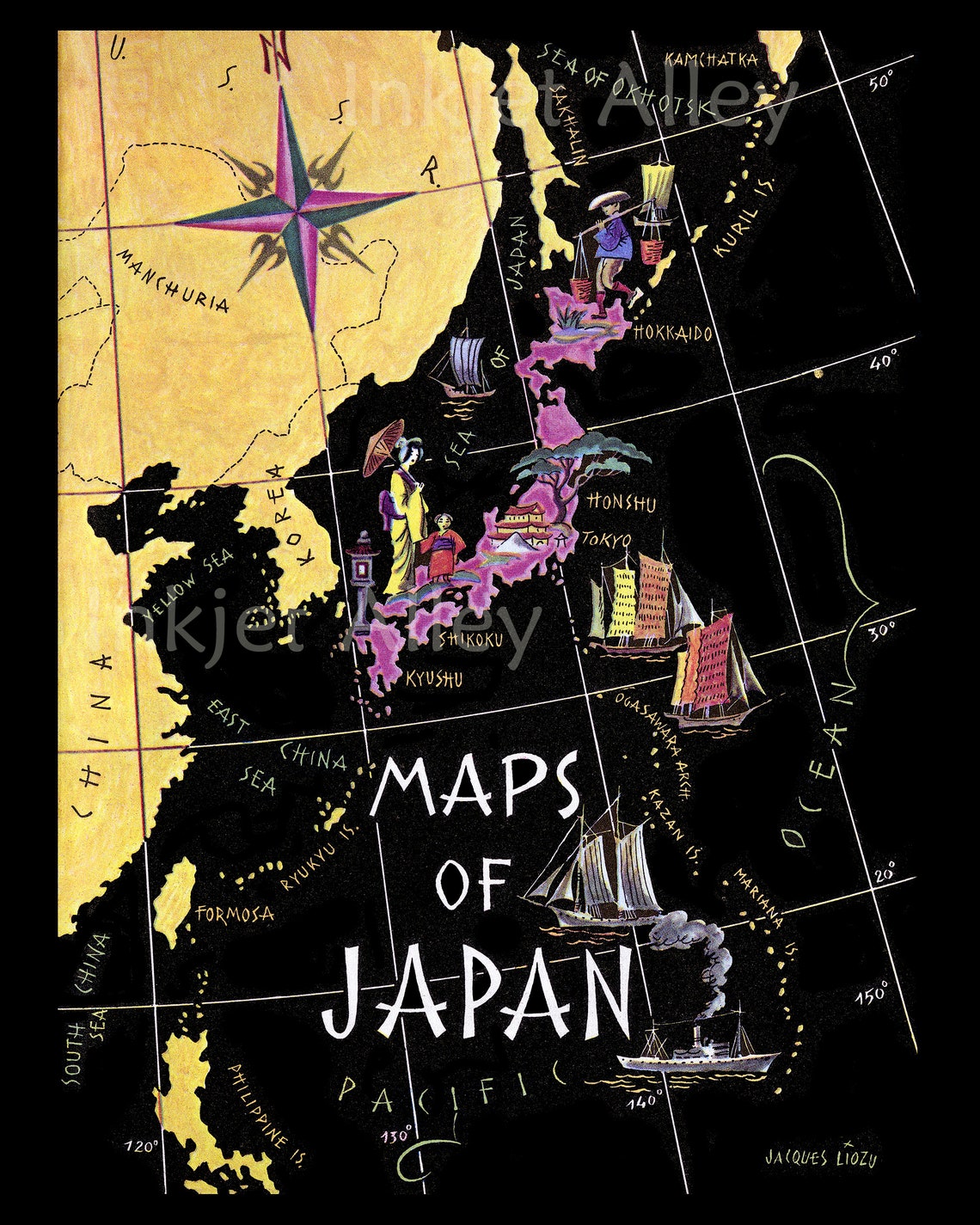 Fun Maps of Japan in East Asia Digital Download PRINTABLE Vintage Map ...