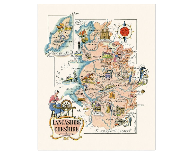 Fun Map of Lancashire & Cheshire in Great Britain, England – Digital ...