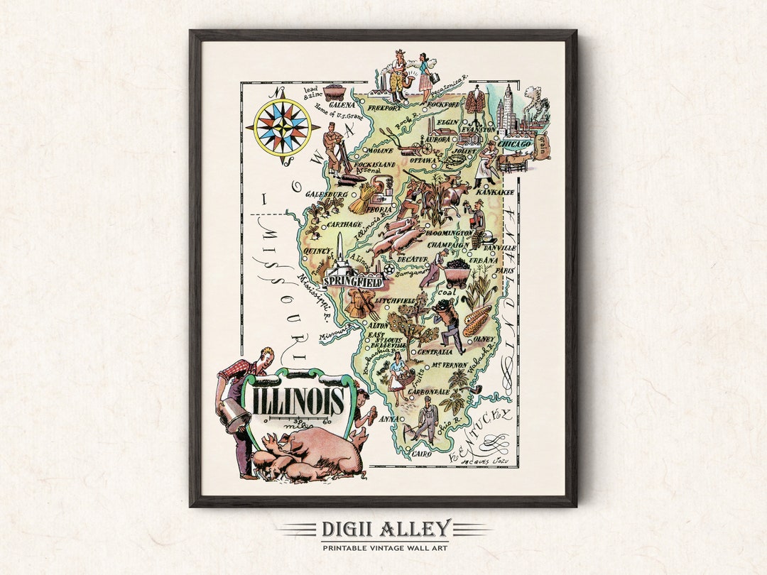 Fun State Map of Illinois – Digital Download PRINTABLE Vintage ...