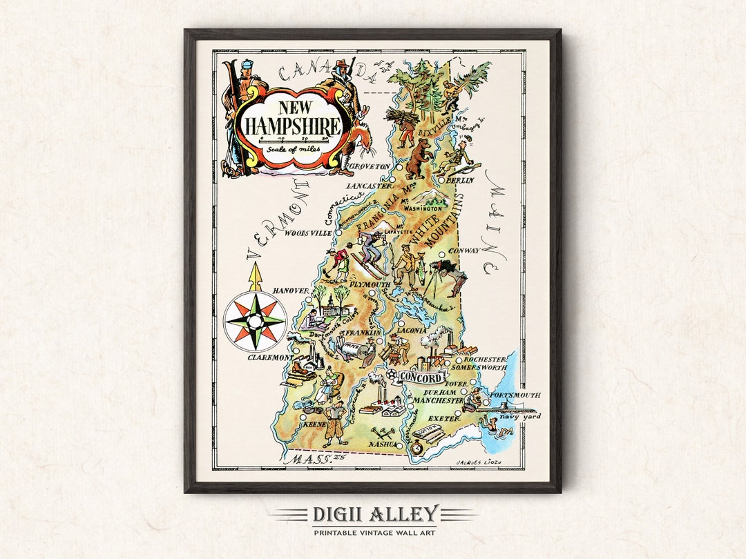 Fun State Map of New Hampshire – Digital Download PRINTABLE Vintage ...