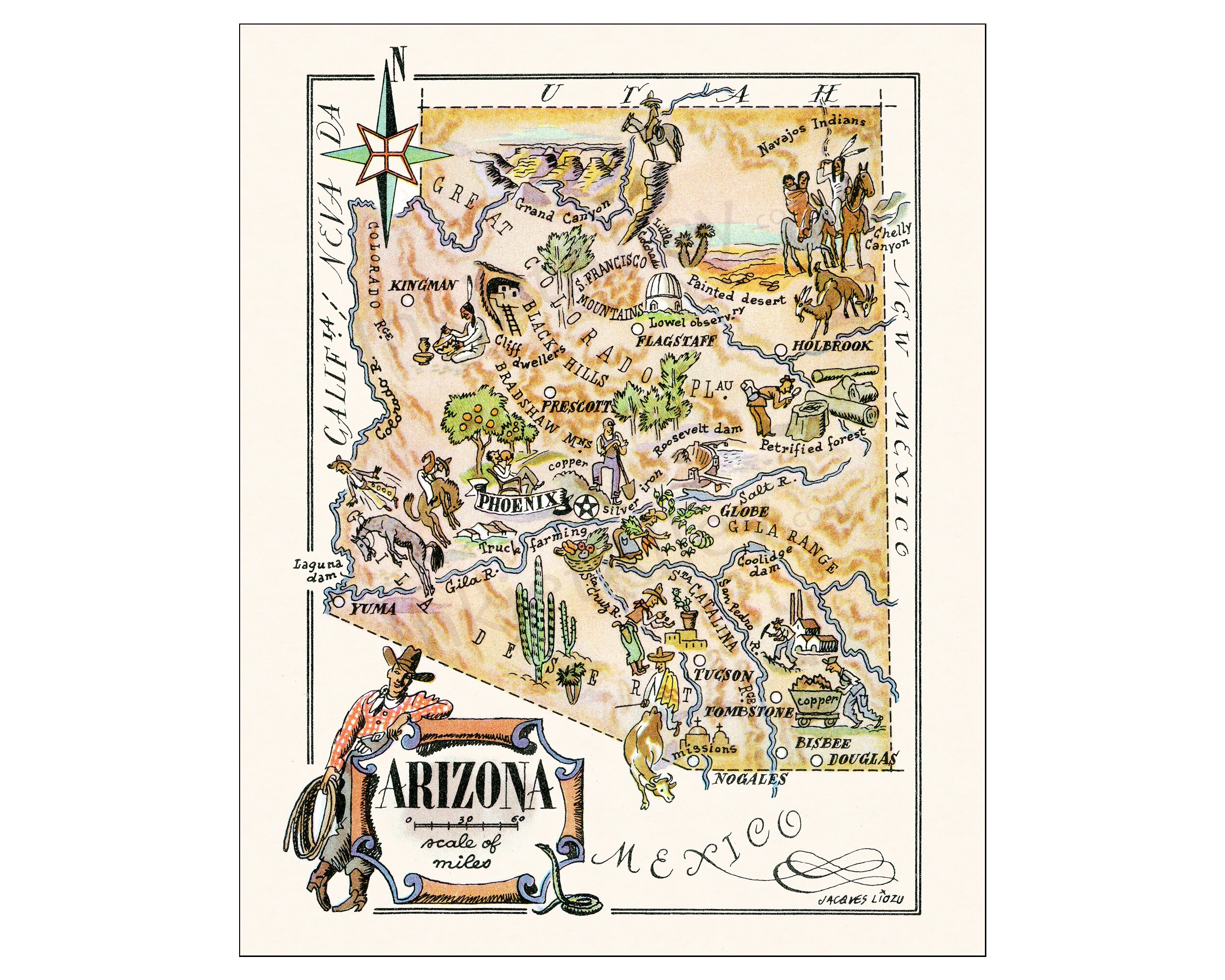 Fun State Map of Arizona – Digital Download PRINTABLE Vintage Pictorial ...