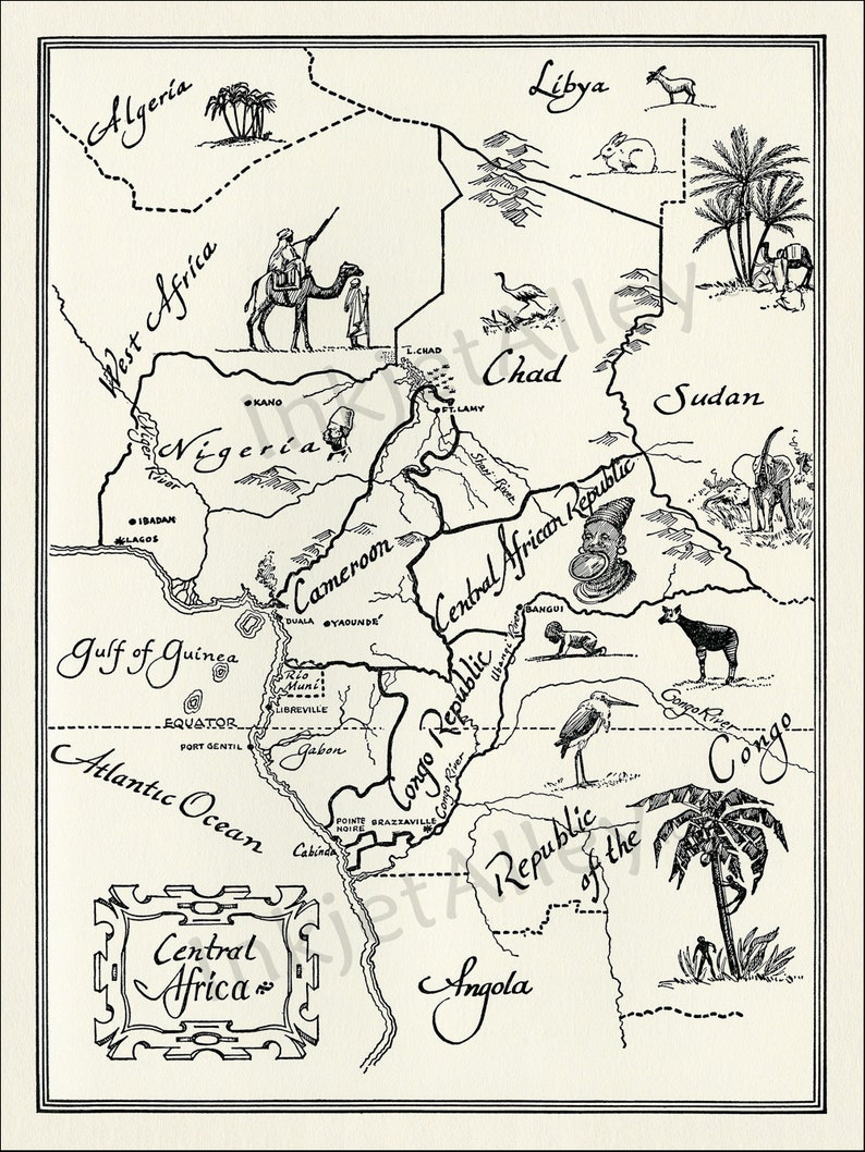 Map of Central Africa – Digital Download PRINTABLE Vintage Pictorial ...