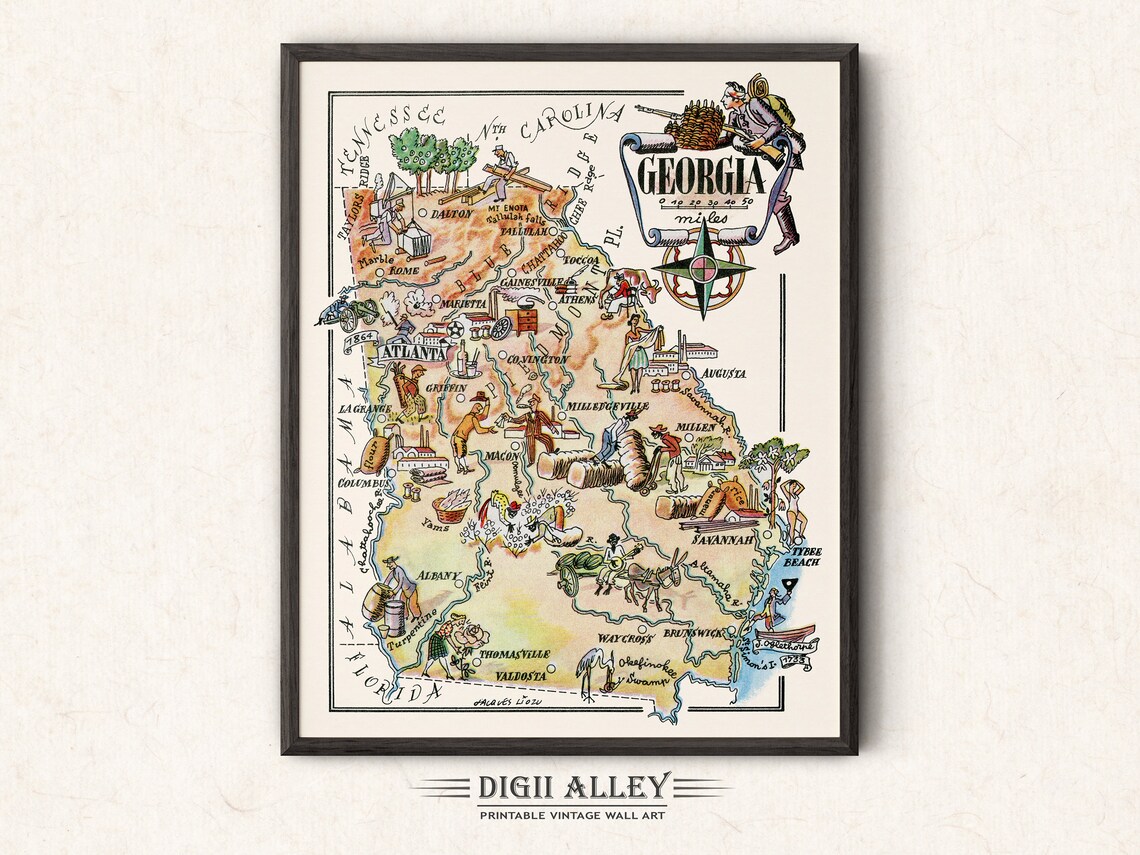 Fun State Map of Georgia – Digital Download PRINTABLE Vintage Pictorial ...
