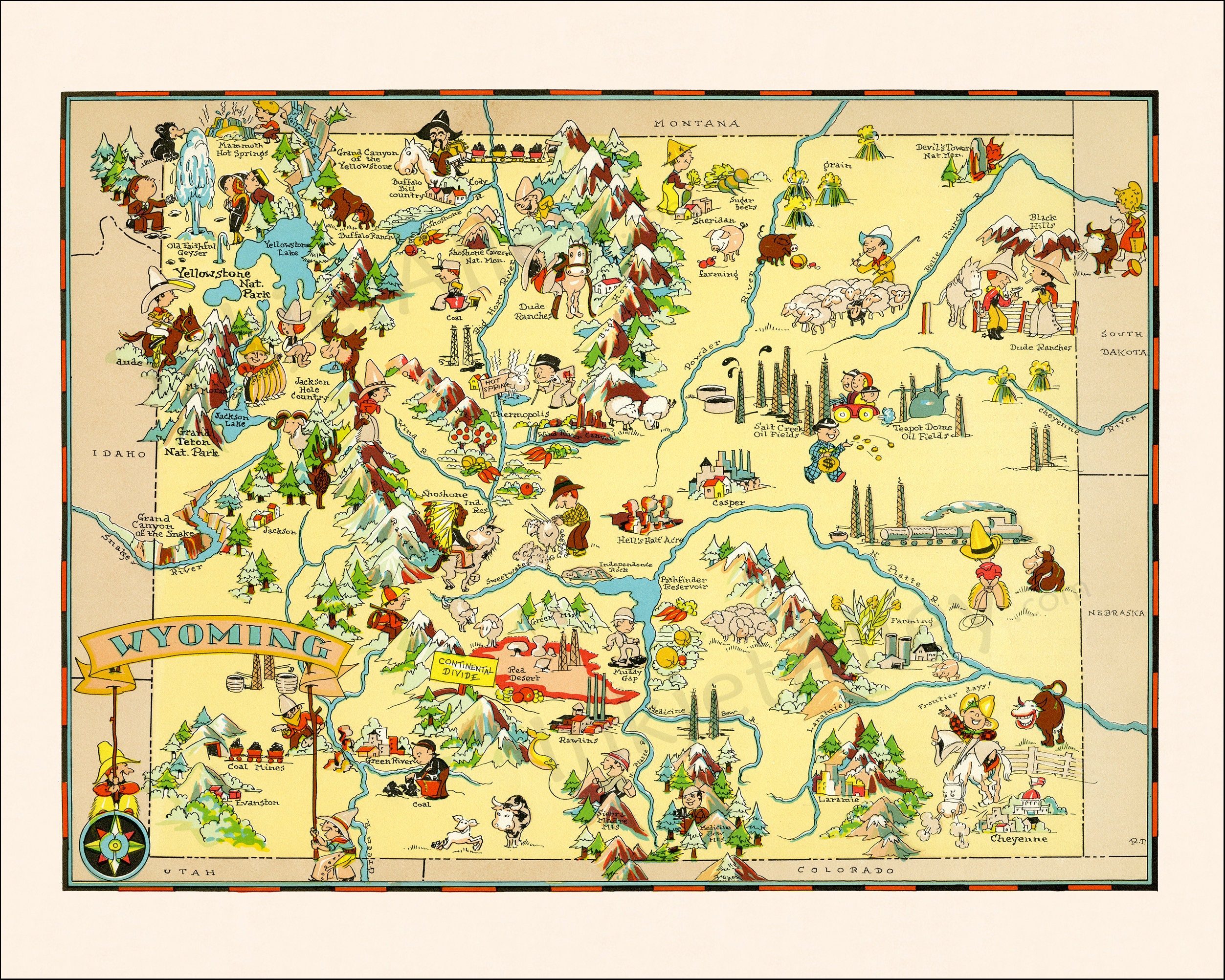 Fun State Map of Wyoming – Digital Download PRINTABLE Vintage Pictorial ...