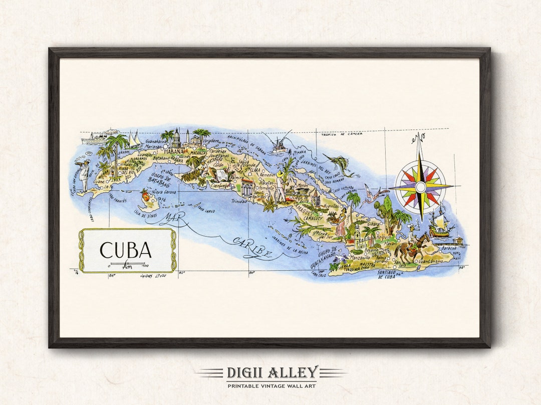 Fun Map of Cuba in the Caribbean – Digital Download PRINTABLE Vintage ...