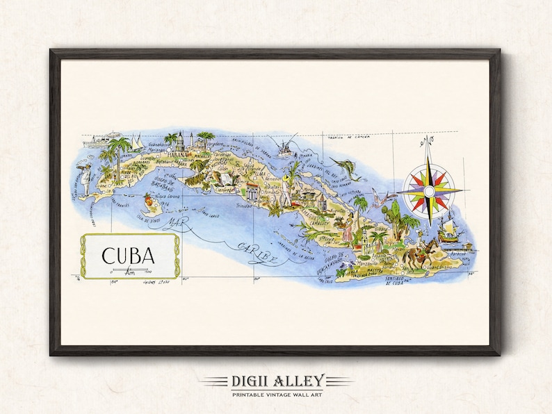 Fun Map of Cuba in the Caribbean – Digital Download PRINTABLE Vintage ...
