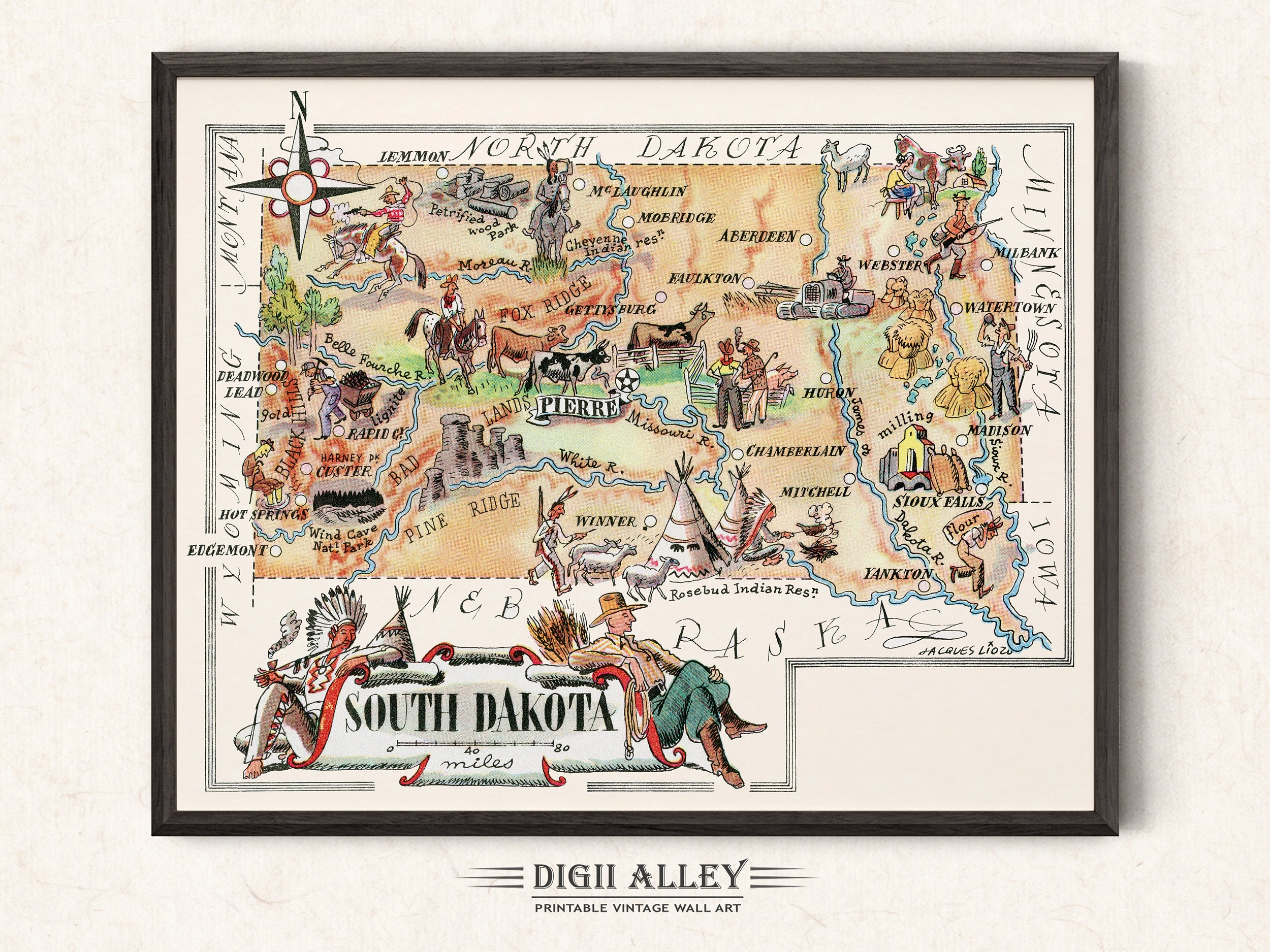 Fun State Map of South Dakota – Digital Download PRINTABLE Vintage ...