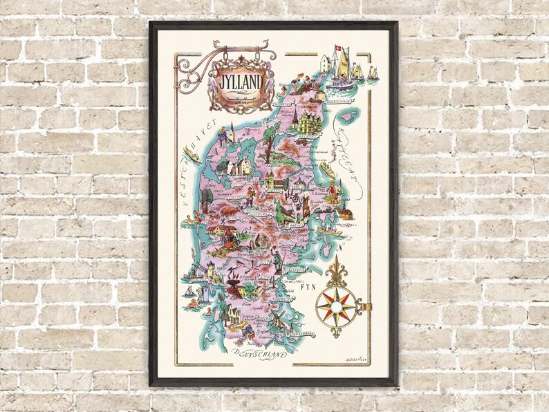 Fun Map of Denmark - Jutland – Digital Download PRINTABLE Vintage ...