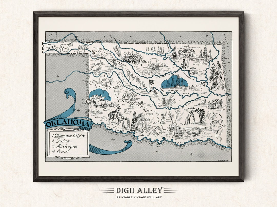 Pictorial Map of Oklahoma – Digital Download PRINTABLE Vintage Fun Old ...