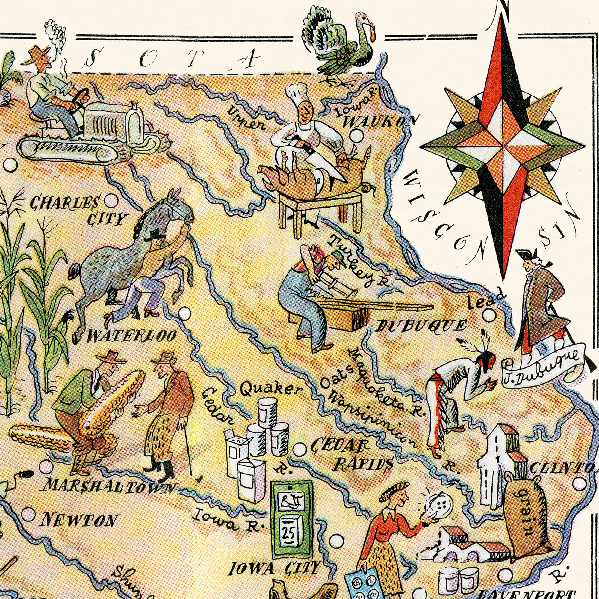 Fun State Map of Iowa – Digital Download PRINTABLE Vintage Pictorial ...