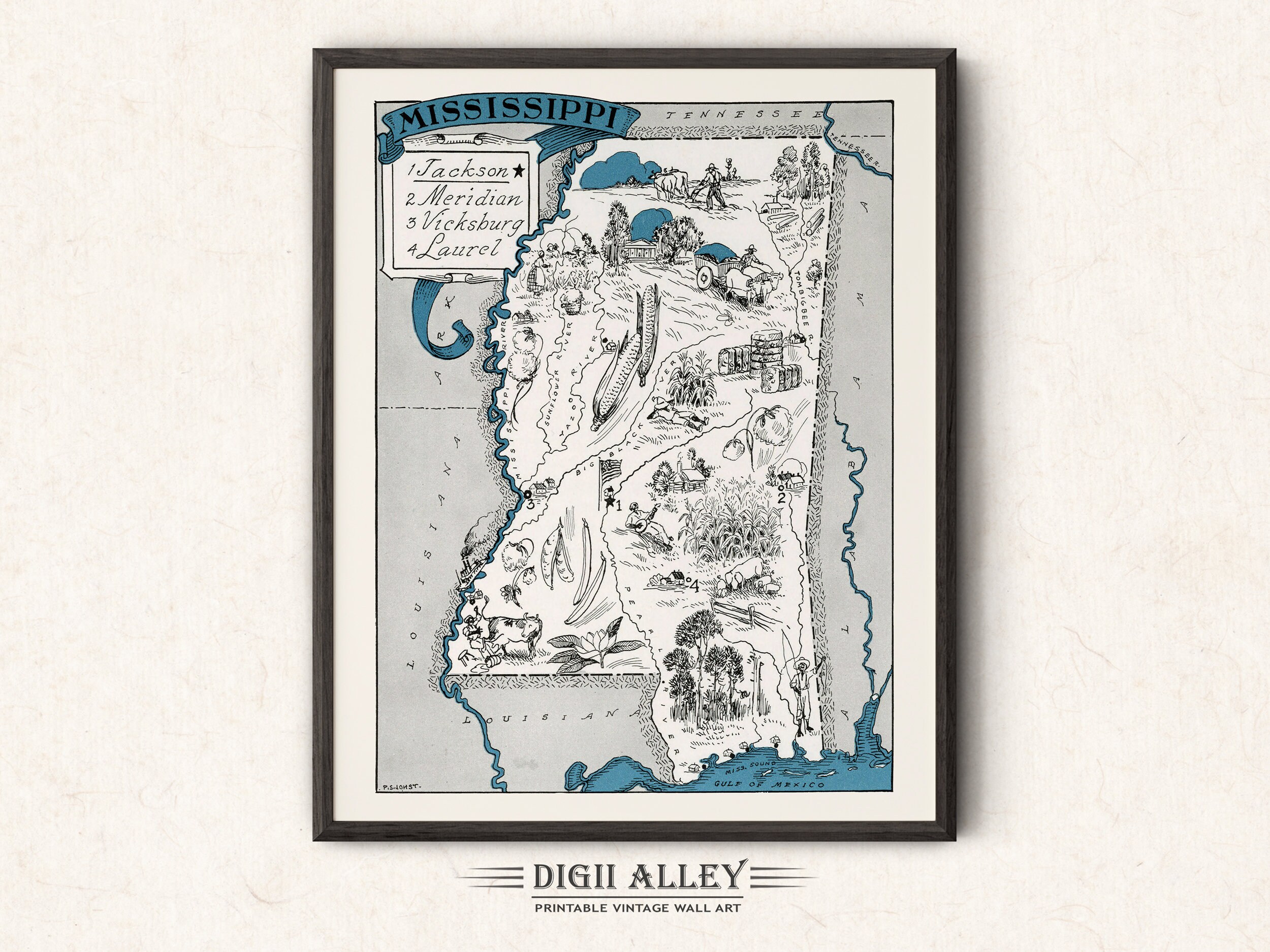Pictorial Map of Mississippi – Digital Download PRINTABLE Vintage Fun ...