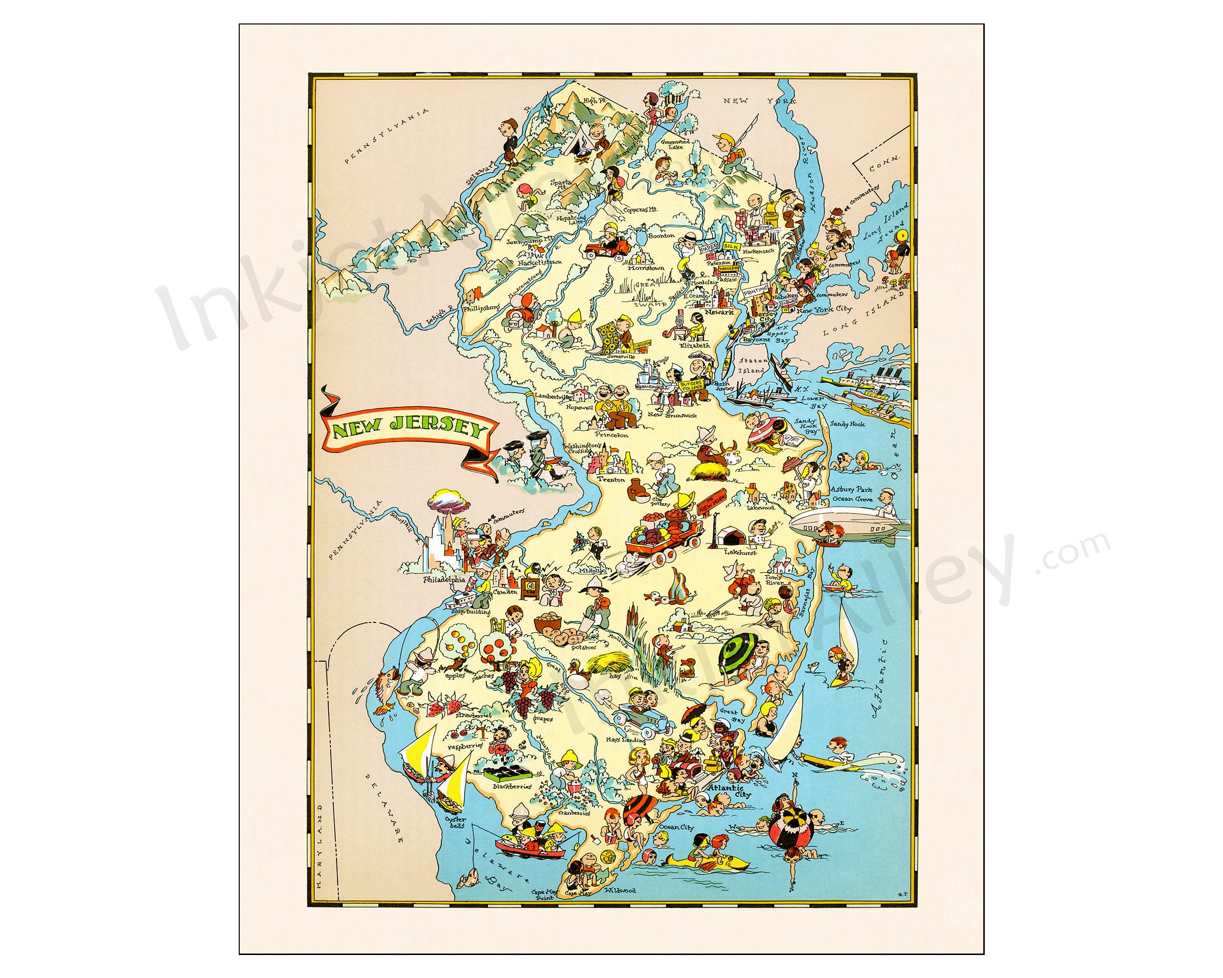 Fun State Map of New Jersey – Digital Download PRINTABLE Vintage ...