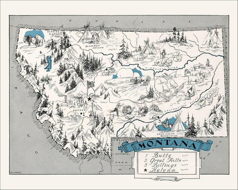Pictorial Map of Montana – Digital Download PRINTABLE Vintage Fun Old ...
