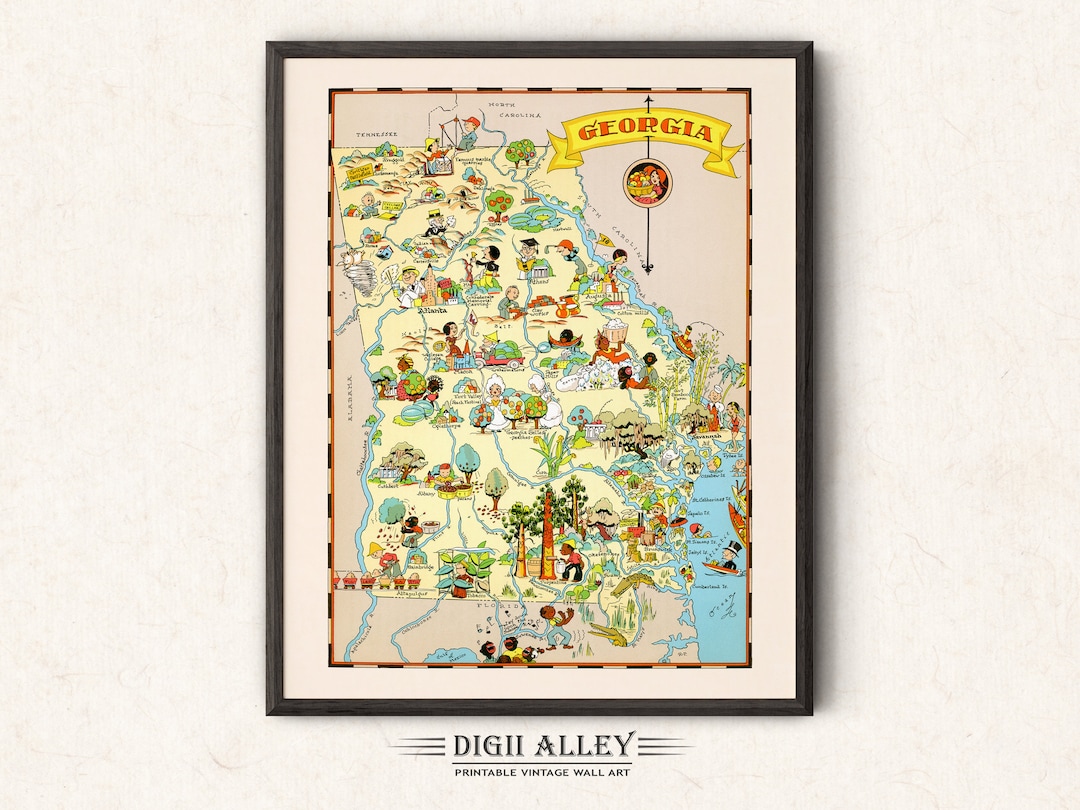 Fun State Map of Georgia – Digital Download PRINTABLE Vintage Pictorial ...