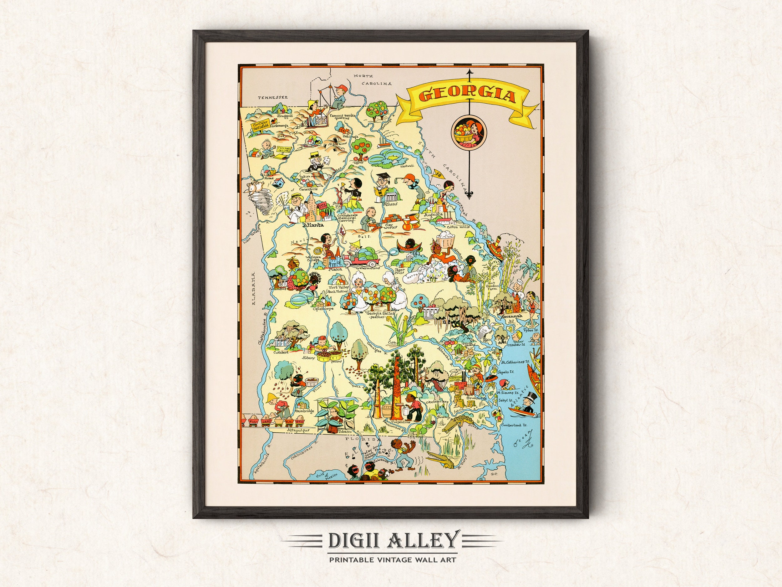 Fun State Map of Georgia – Digital Download PRINTABLE Vintage Pictorial ...