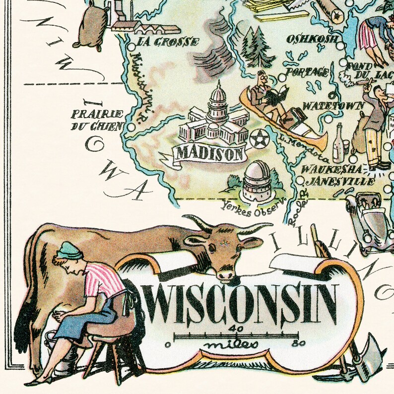 Fun State Map of Wisconsin – Digital Download PRINTABLE Vintage ...