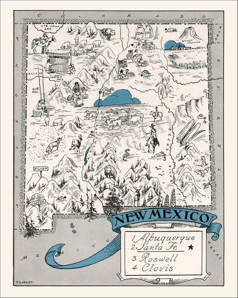 Pictorial Map of New Mexico – Digital Download PRINTABLE Vintage Fun ...