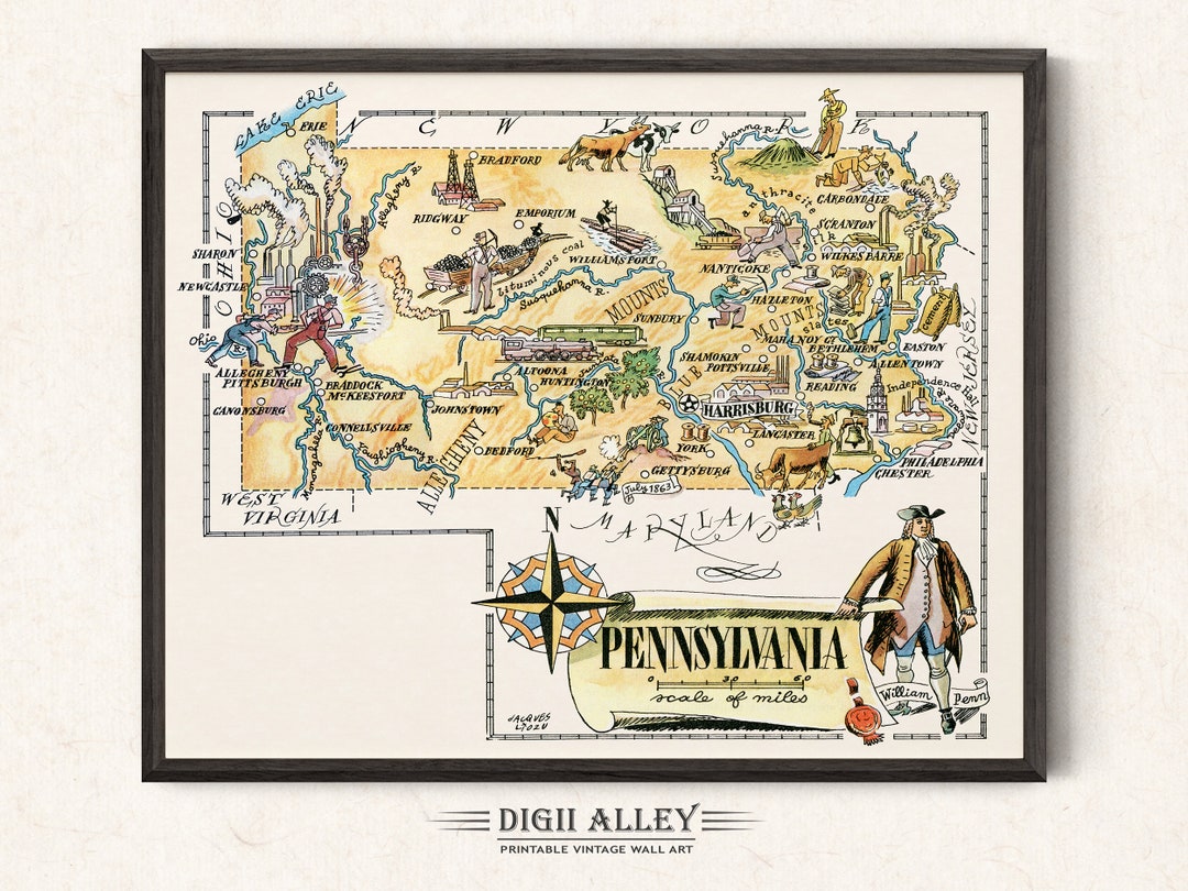 Fun State Map of Pennsylvania – Digital Download PRINTABLE Vintage ...