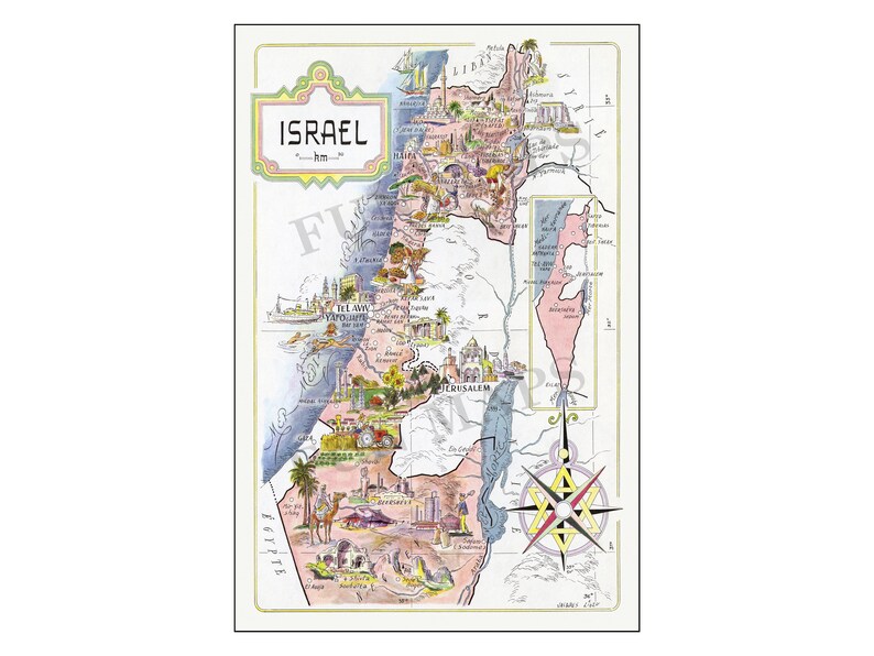 Old Map of Israel in the Middle East – Digital Download PRINTABLE Vintage Pictorial Cartoon ...
