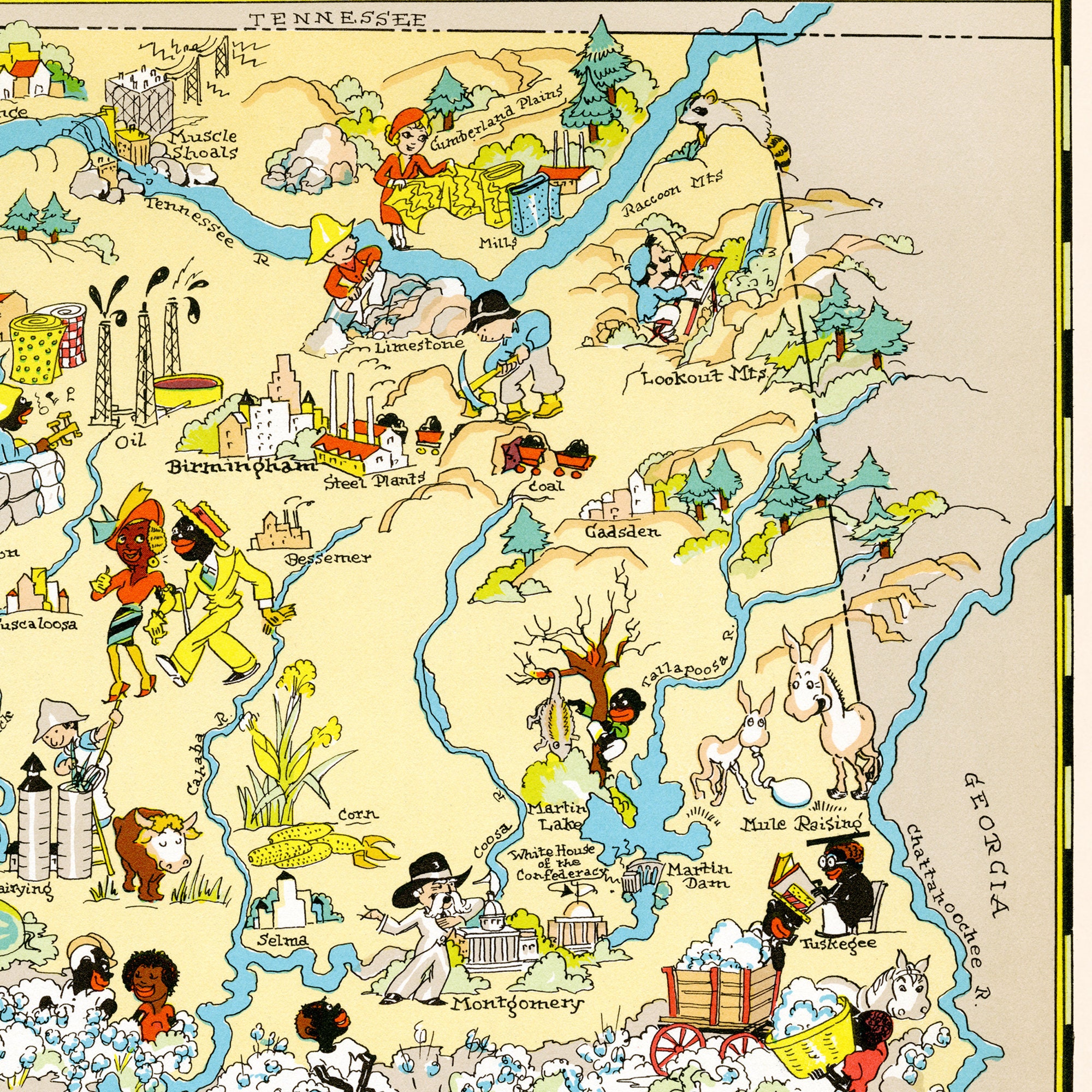 Fun State Map of Alabama Digital Download PRINTABLE Vintage Pictorial ...