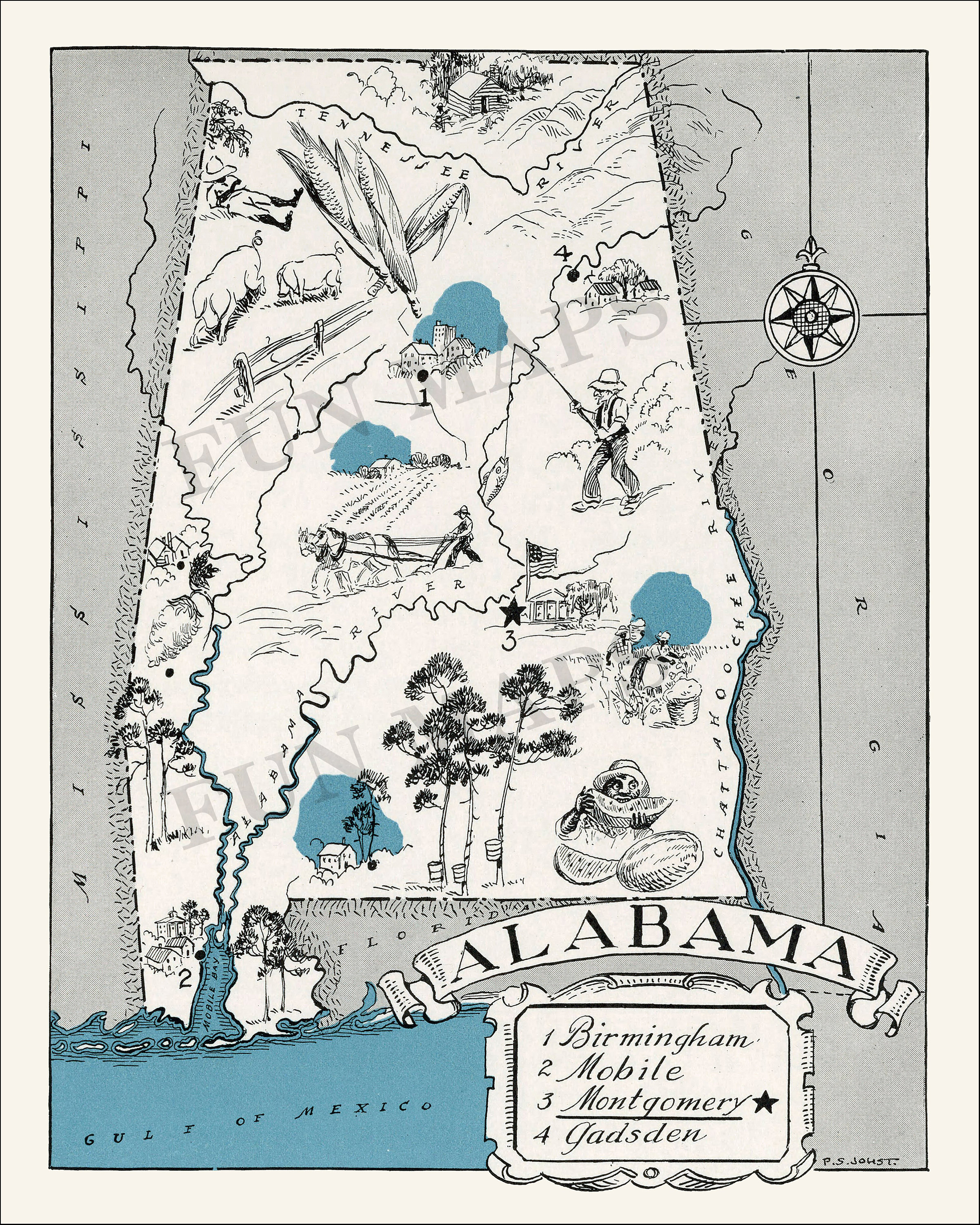 Pictorial Map of Alabama – Digital Download PRINTABLE Vintage Fun Old ...