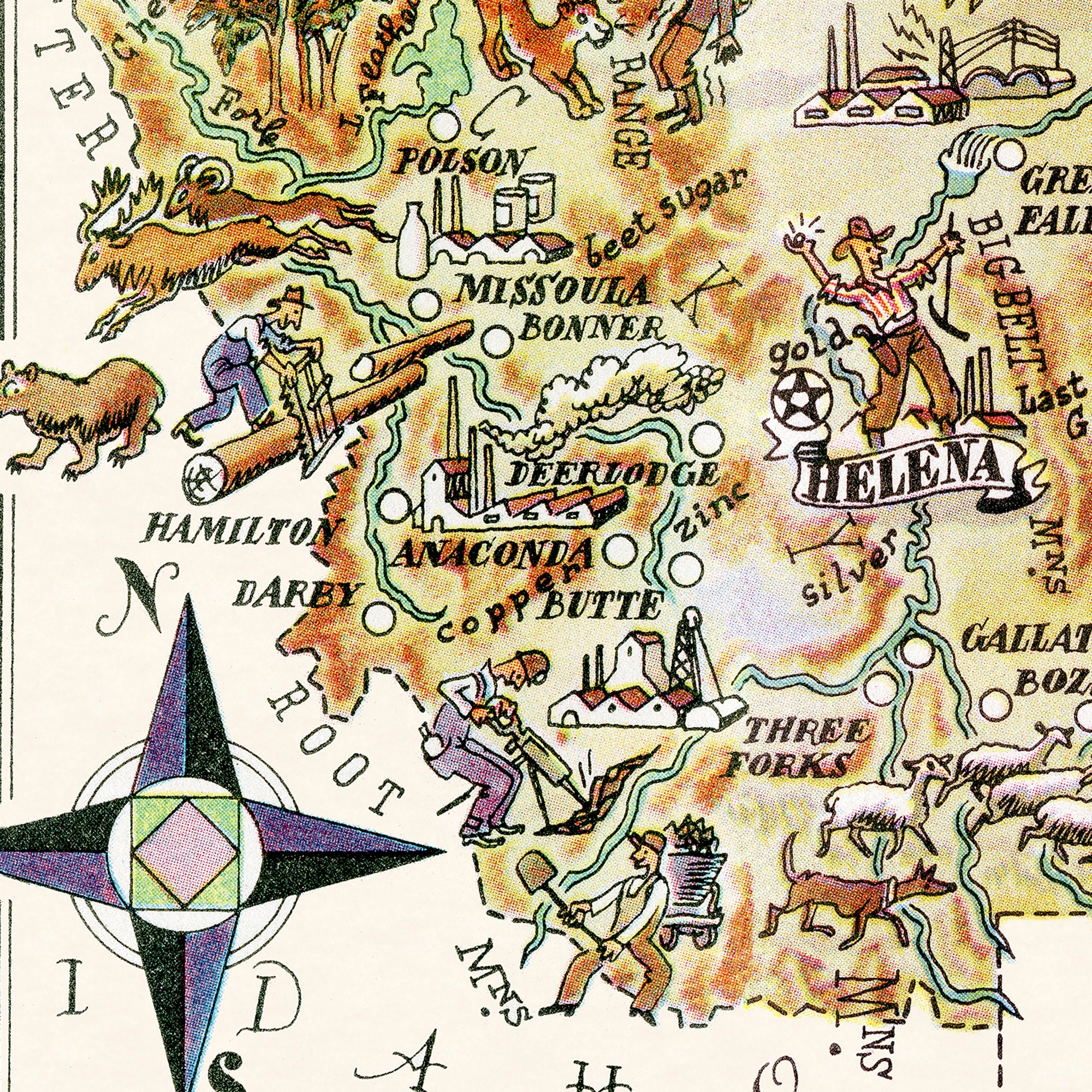 Fun State Map of Montana – Digital Download PRINTABLE Vintage Pictorial ...