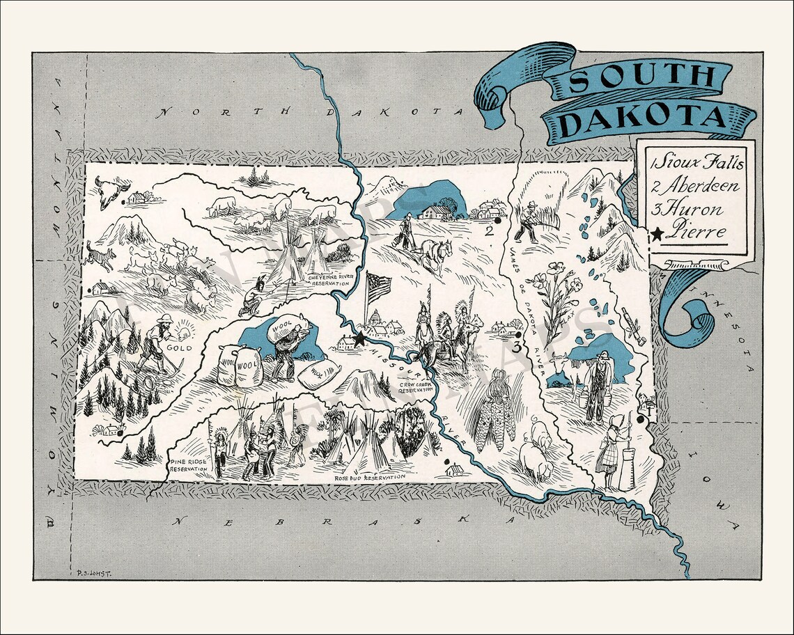 Pictorial Map of South Dakota – Digital Download PRINTABLE Vintage Fun ...
