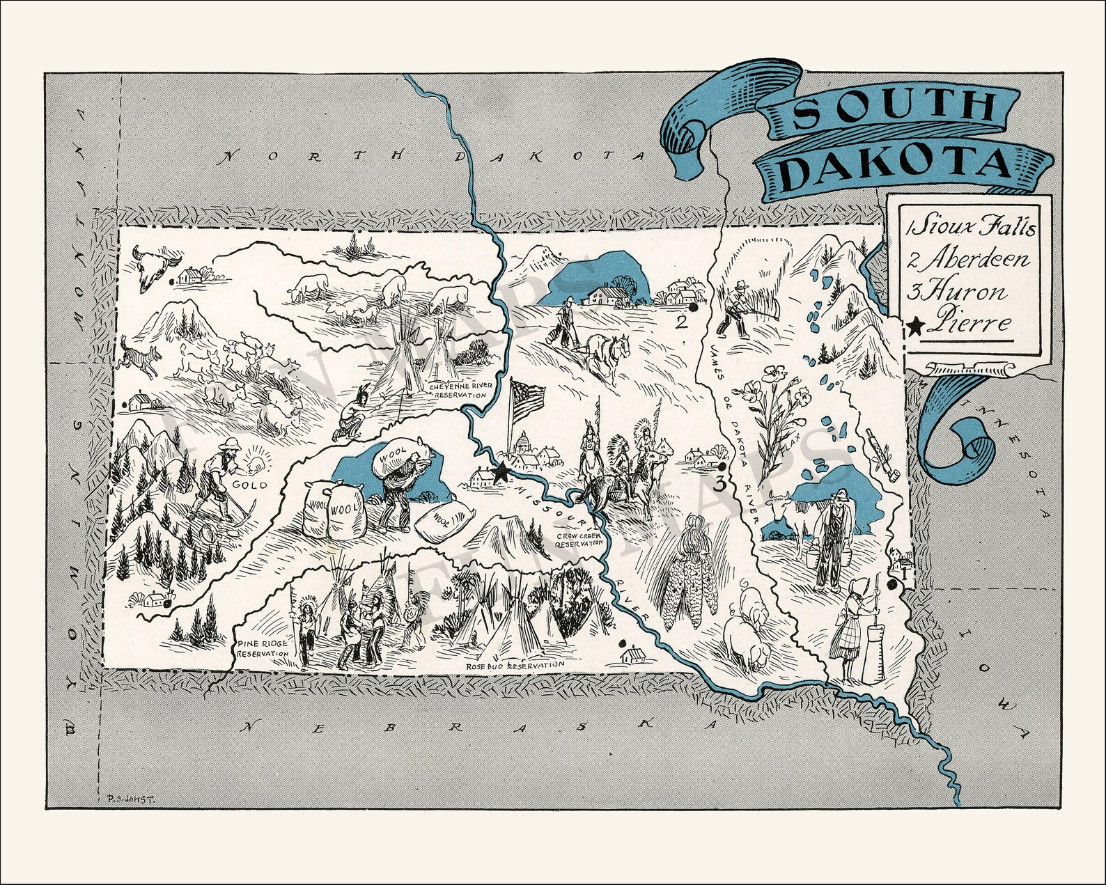 Pictorial Map of South Dakota Digital Download PRINTABLE Vintage Fun ...