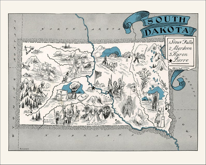Pictorial Map of South Dakota Digital Download PRINTABLE Vintage Fun ...
