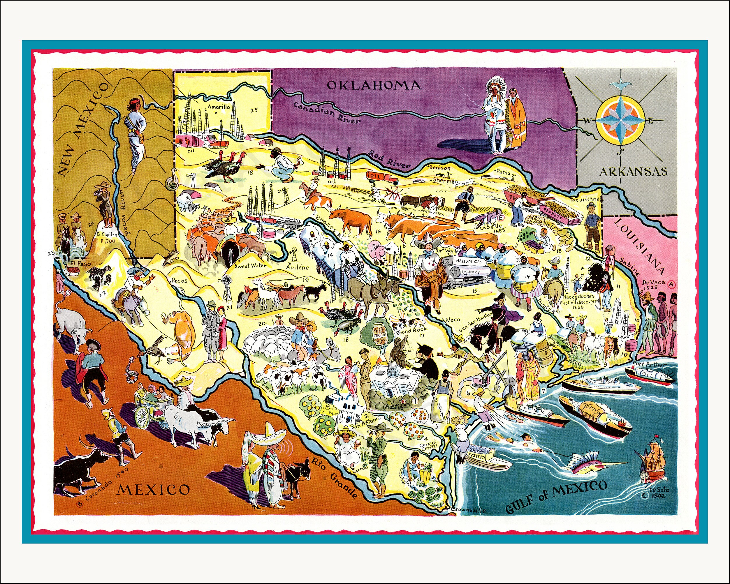 Fun State Map of Texas – Digital Download PRINTABLE Vintage Pictorial ...