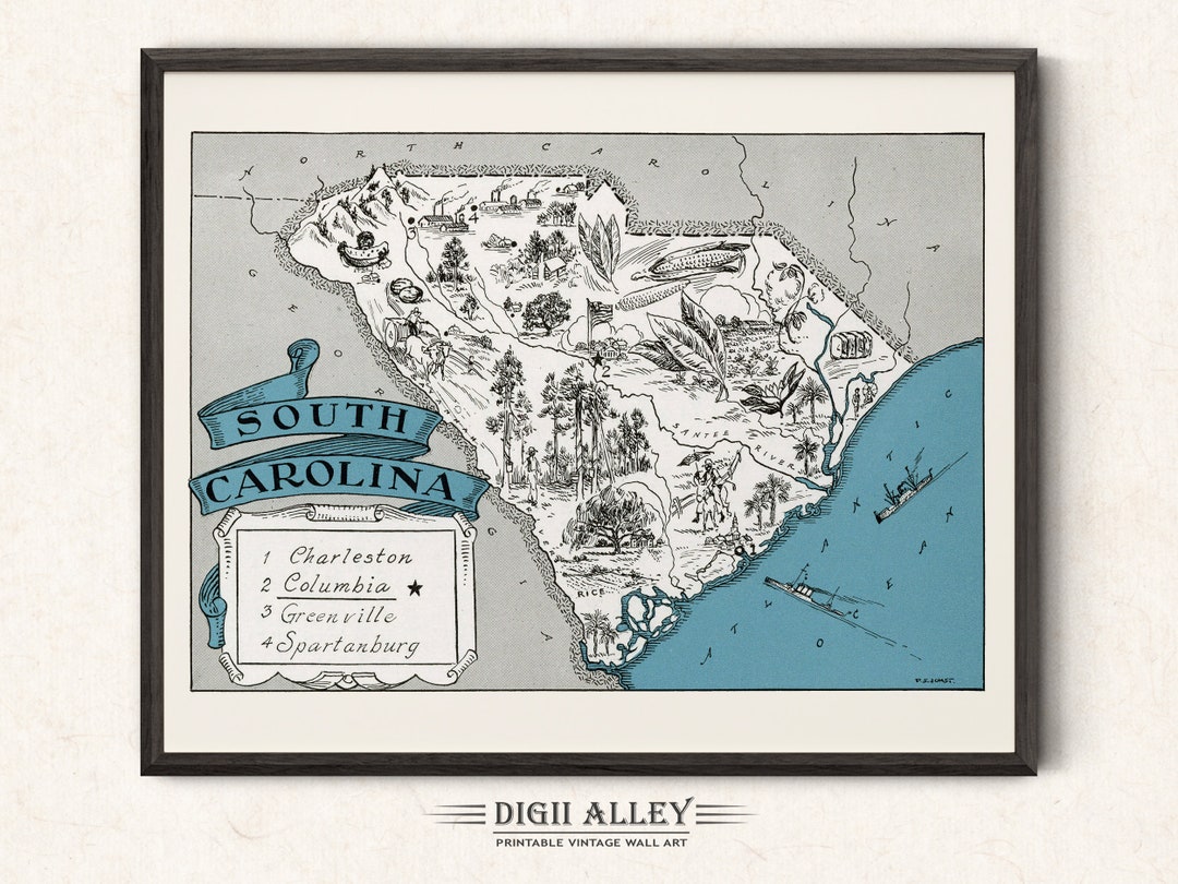 Pictorial Map of South Carolina – Digital Download PRINTABLE Vintage ...