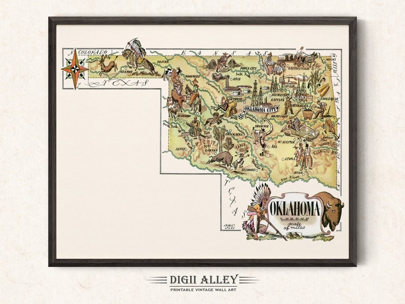 Fun State Map of Oklahoma – Digital Download PRINTABLE Vintage ...