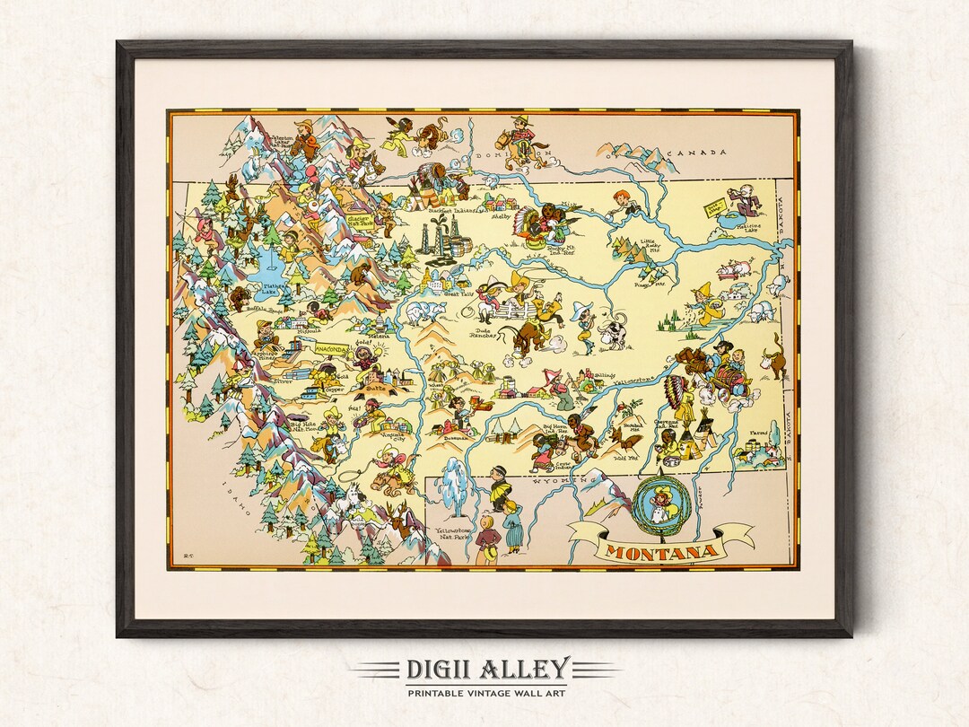 Fun State Map of Montana – Digital Download PRINTABLE Vintage Pictorial ...