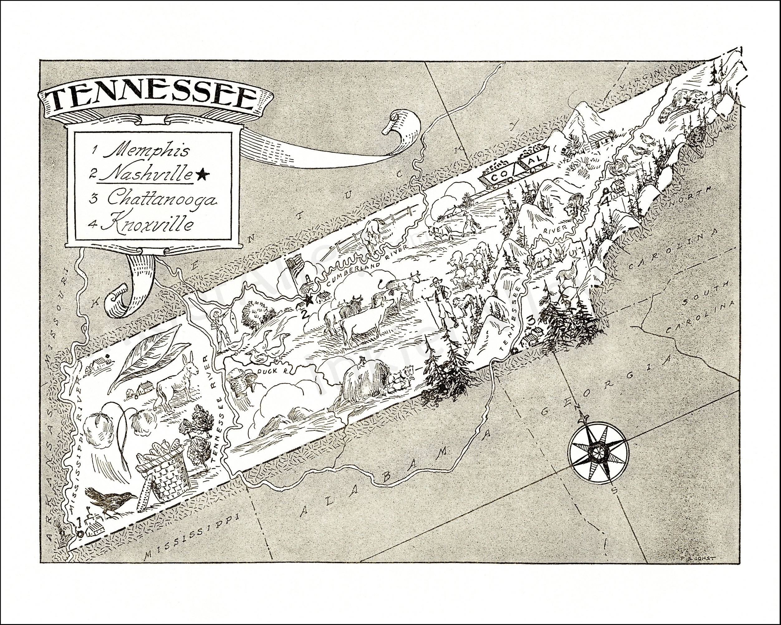 Pictorial State Map of Tennessee – Digital Download PRINTABLE Vintage ...